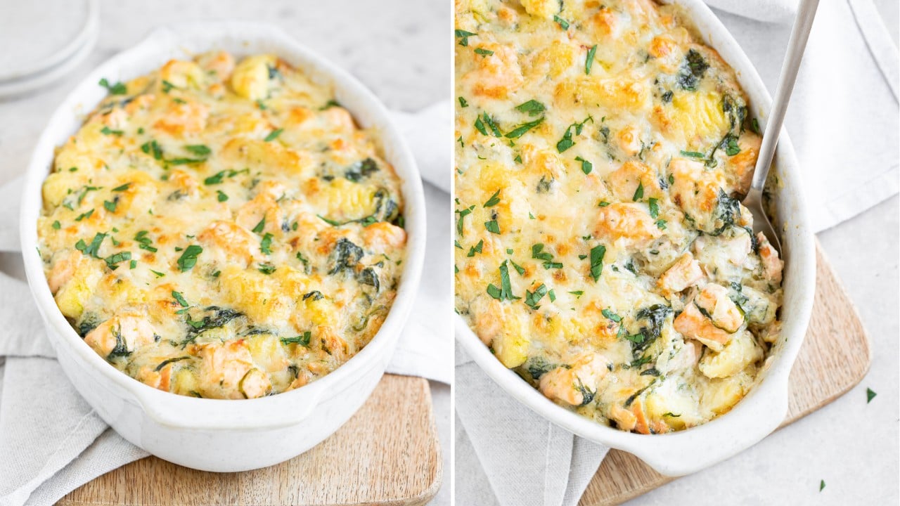 Zapečeni njoki z lososom in špinačo